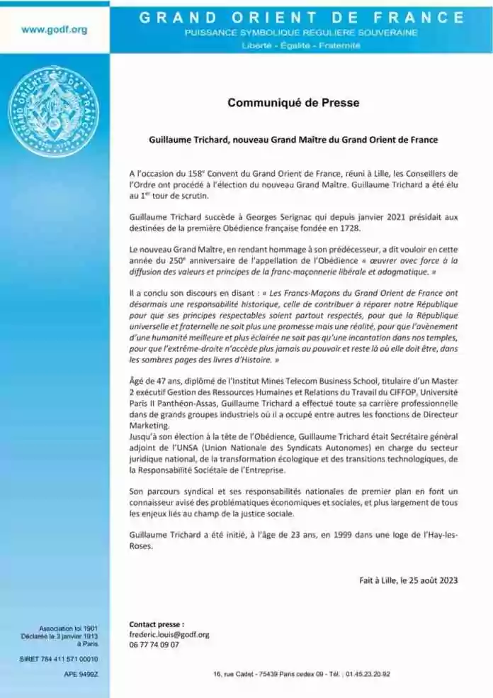 Communiqué de Presse du GODF – Guillaume Trichard, nouveau Grand Maître du Grand Orient de ...